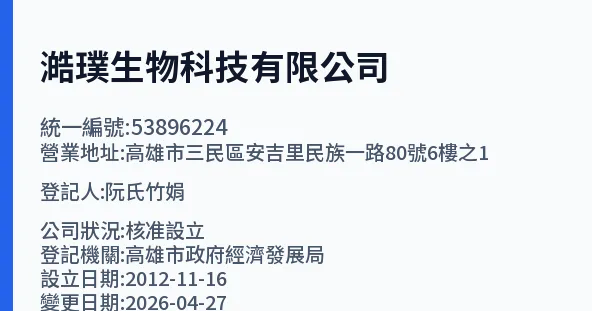 澔璞生物科技有限公司的照片-統編 53896224(高雄市) 公司登記資料與營業項目詳細圖表
