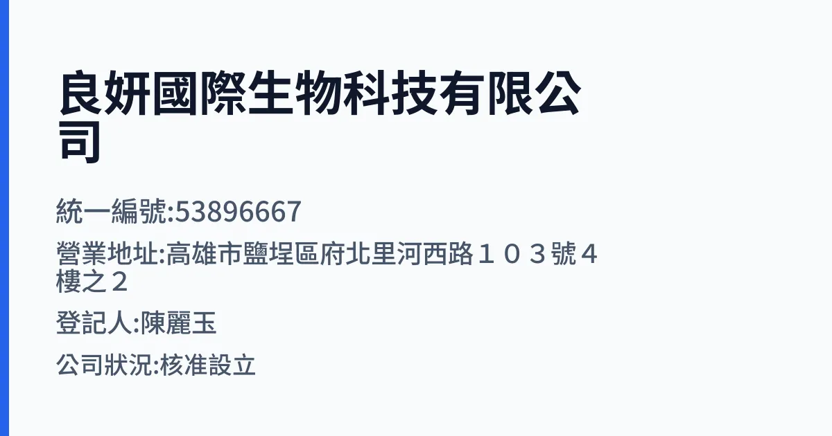 良妍國際生物科技有限公司 - 統編 53896667(高雄市) 公司登記資料與營業項目詳細圖表