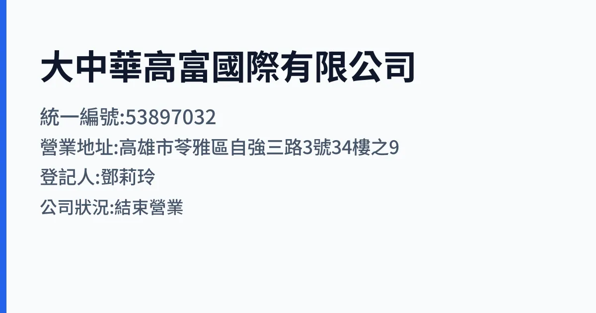 大中華高富國際有限公司 - 統編 53897032(高雄市) 公司登記資料與營業項目詳細圖表
