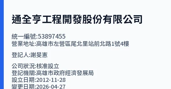 通全亨工程開發股份有限公司的照片-統編 53897455(高雄市) 公司登記資料與營業項目詳細圖表