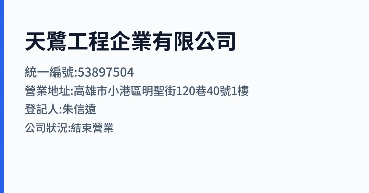 天鷺工程企業有限公司 - 統編 53897504(高雄市) 公司登記資料與營業項目詳細圖表