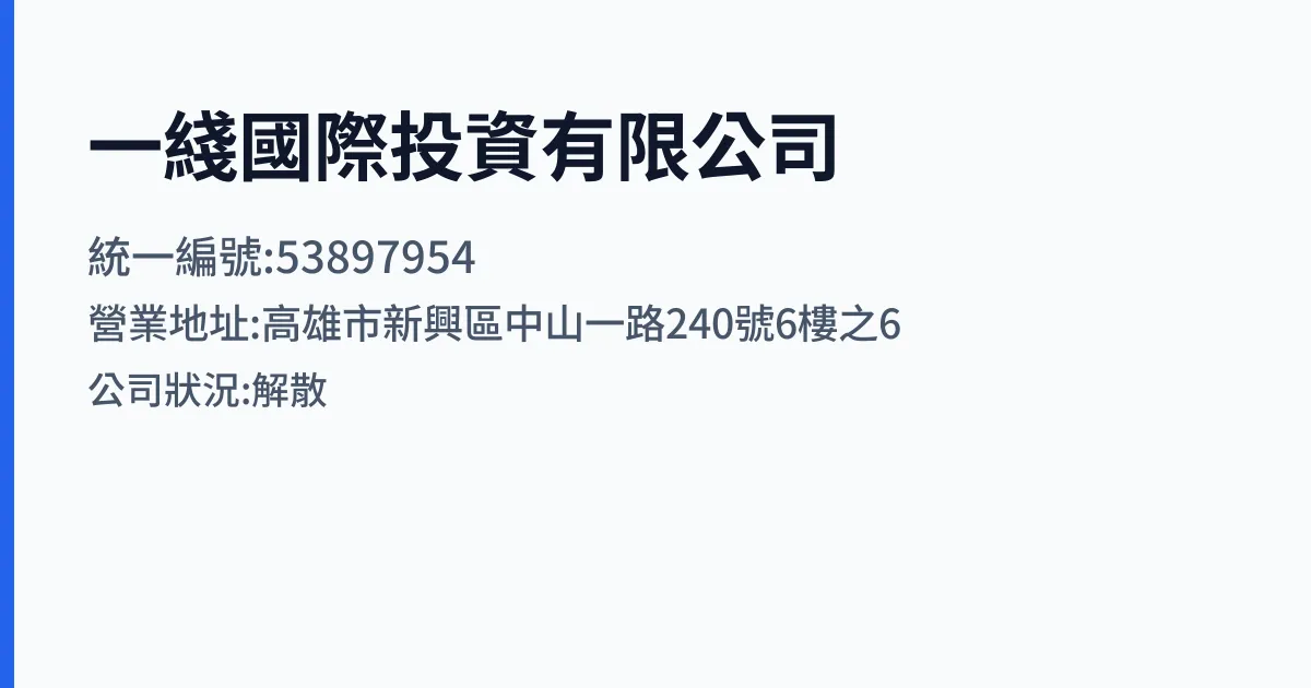 一綫國際投資有限公司 - 統編 53897954(高雄市) 公司登記資料與營業項目詳細圖表