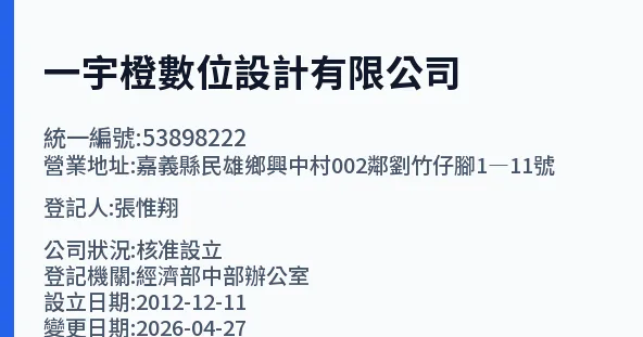 一宇橙數位設計有限公司的照片-統編 53898222(嘉義縣) 公司登記資料與營業項目詳細圖表