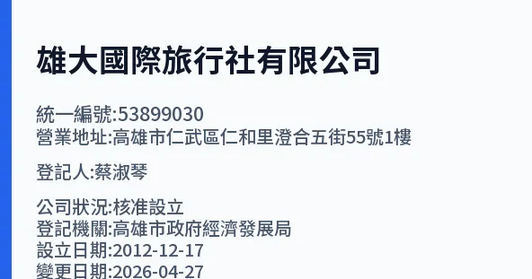 雄大國際旅行社有限公司的照片-統編 53899030(高雄市) 公司登記資料與營業項目詳細圖表