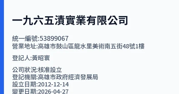 一九六五漬實業有限公司的照片-統編 53899067(高雄市) 公司登記資料與營業項目詳細圖表