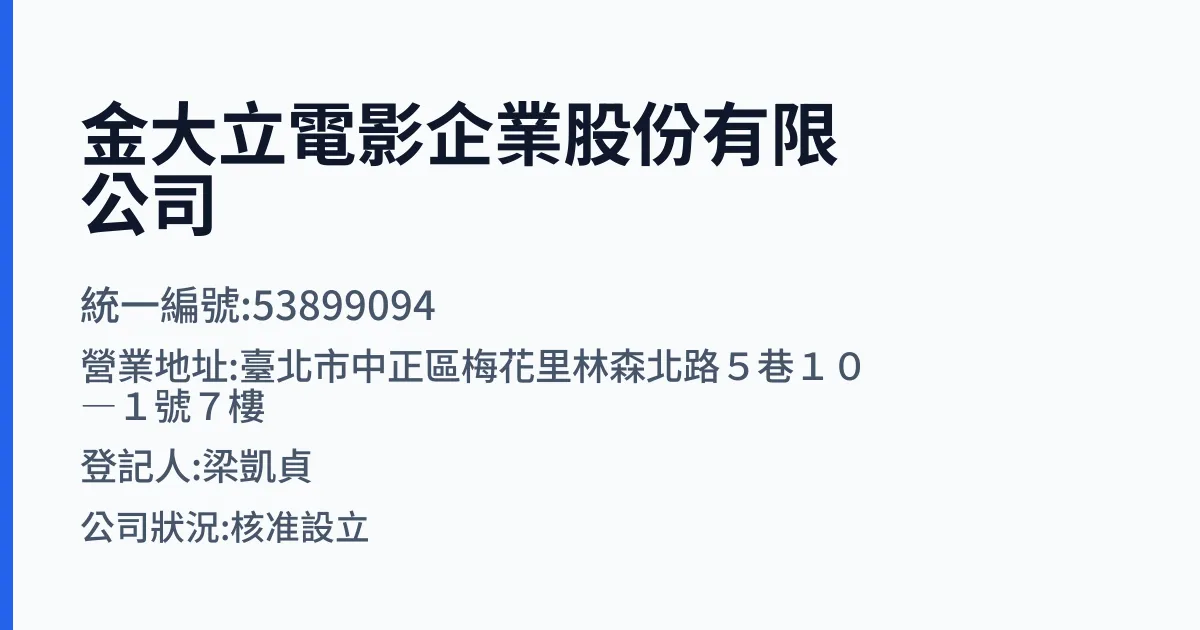 金大立電影企業股份有限公司 - 統編 53899094(臺北市) 公司登記資料與營業項目詳細圖表
