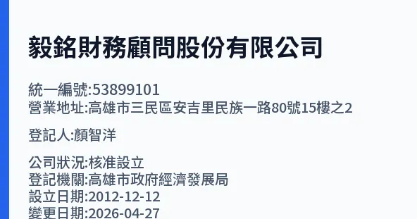 毅銘財務顧問股份有限公司的照片-統編 53899101(高雄市) 公司登記資料與營業項目詳細圖表