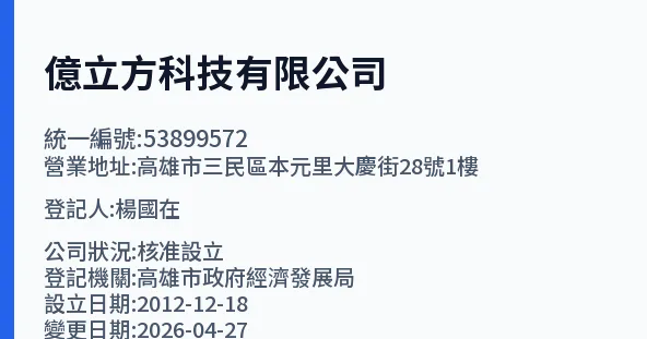 億立方科技有限公司的照片-統編 53899572(高雄市) 公司登記資料與營業項目詳細圖表