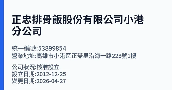 正忠排骨飯股份有限公司小港分公司的照片-統編 53899854(高雄市) 公司登記資料與營業項目詳細圖表