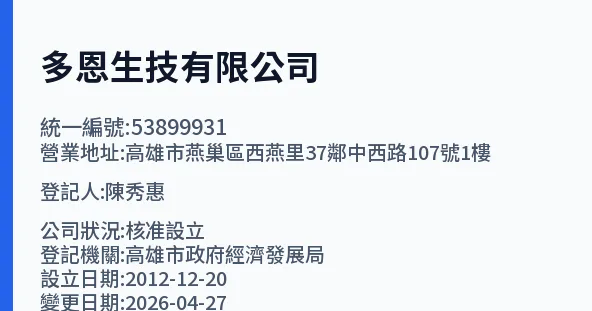 多恩生技有限公司的照片-統編 53899931(高雄市) 公司登記資料與營業項目詳細圖表