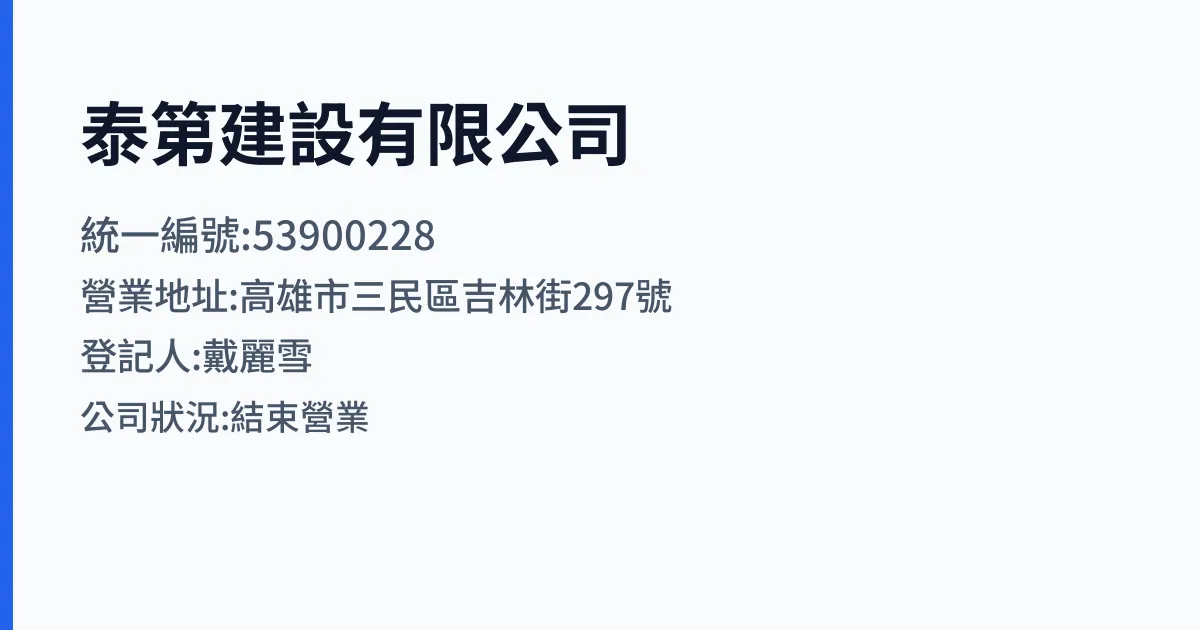 泰第建設有限公司 - 統編 53900228(高雄市) 公司登記資料與營業項目詳細圖表