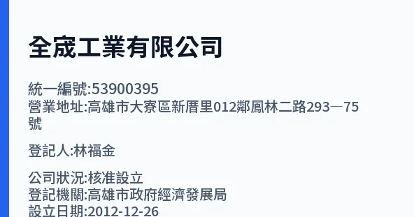 全宬工業有限公司的照片-統編 53900395(高雄市) 公司登記資料與營業項目詳細圖表