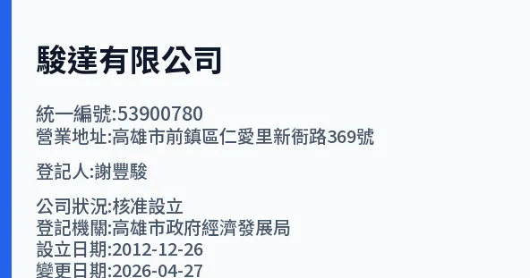 駿達有限公司的照片-統編 53900780(高雄市) 公司登記資料與營業項目詳細圖表