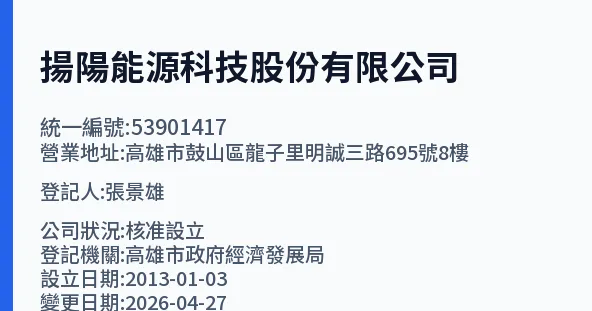 揚陽能源科技股份有限公司的照片-統編 53901417(高雄市) 公司登記資料與營業項目詳細圖表
