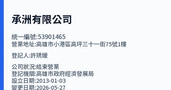 承洲有限公司的照片-統編 53901465(高雄市) 公司登記資料與營業項目詳細圖表