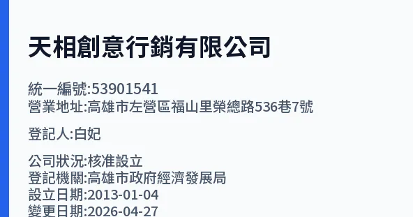 天相創意行銷有限公司的照片-統編 53901541(高雄市) 公司登記資料與營業項目詳細圖表