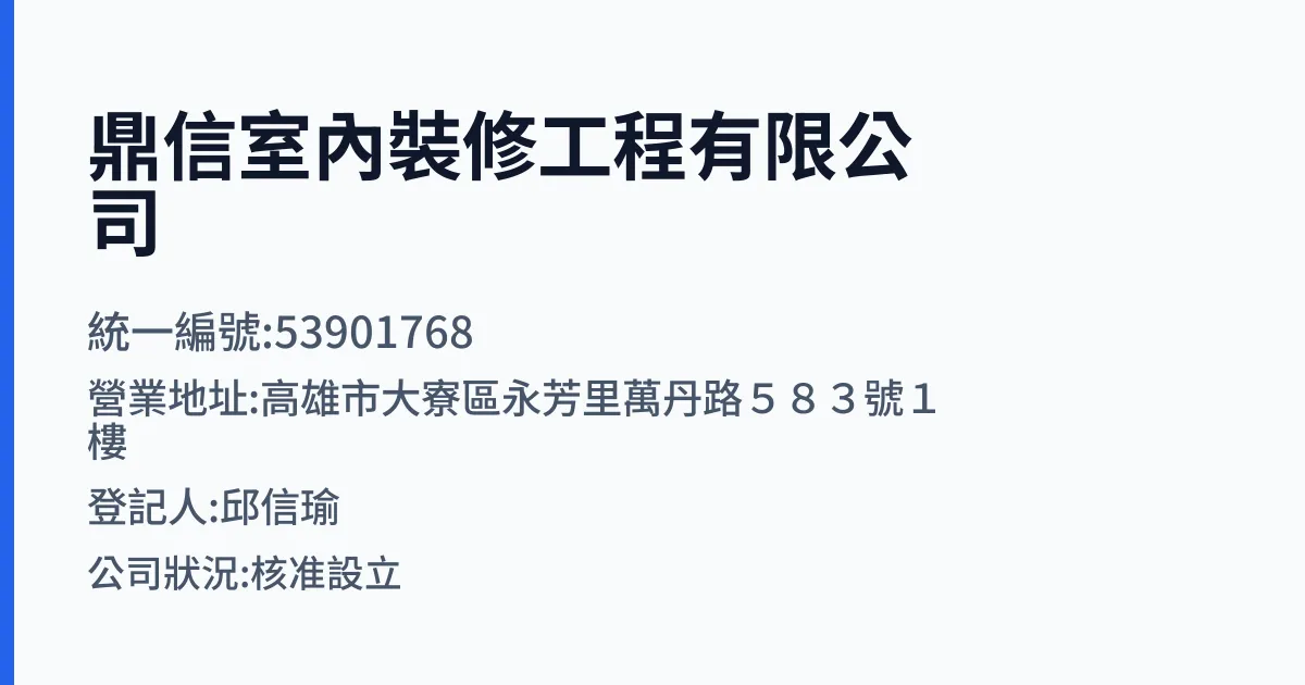 鼎信室內裝修工程有限公司 - 統編 53901768(高雄市) 公司登記資料與營業項目詳細圖表