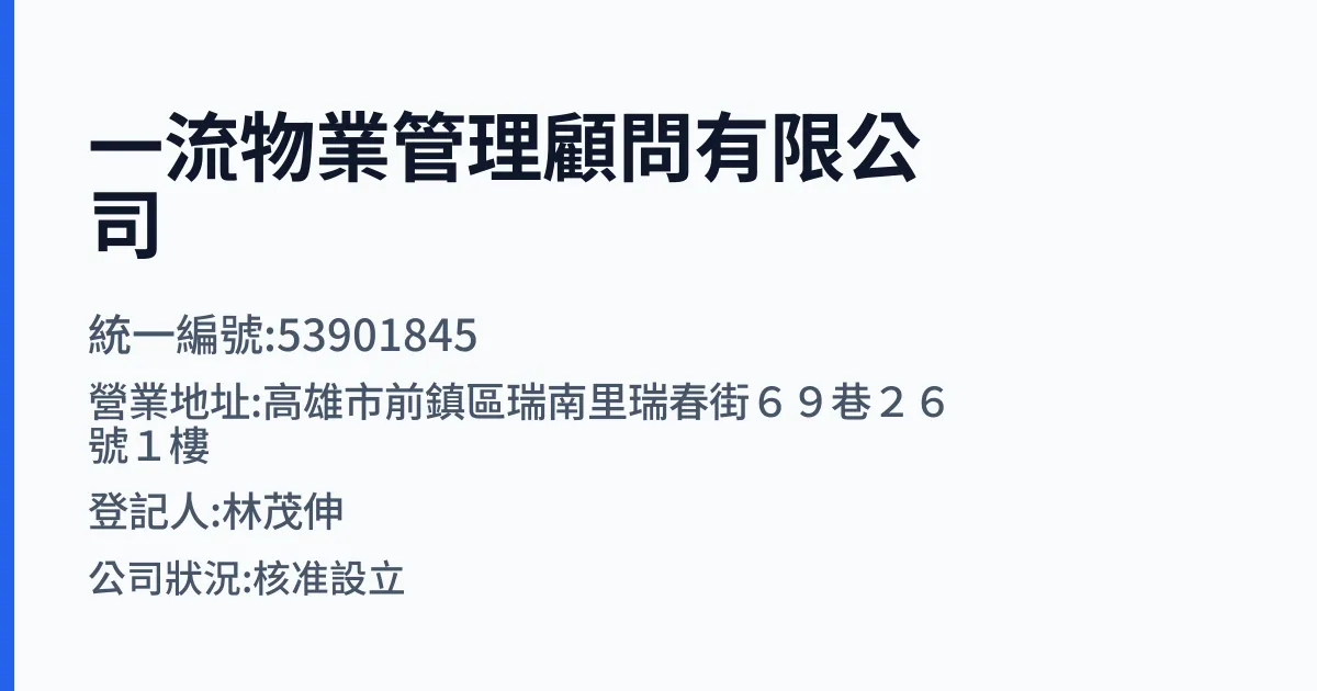一流物業管理顧問有限公司 - 統編 53901845(高雄市) 公司登記資料與營業項目詳細圖表