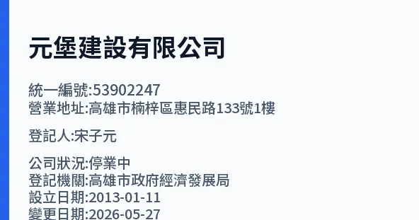 元堡建設有限公司的照片-統編 53902247(高雄市) 公司登記資料與營業項目詳細圖表