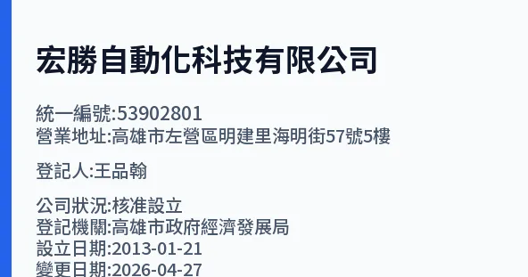 宏勝自動化科技有限公司的照片-統編 53902801(高雄市) 公司登記資料與營業項目詳細圖表