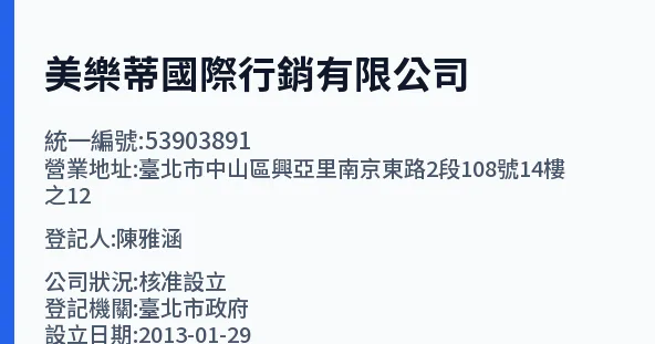 美樂蒂國際行銷有限公司的照片-統編 53903891(臺北市) 公司登記資料與營業項目詳細圖表