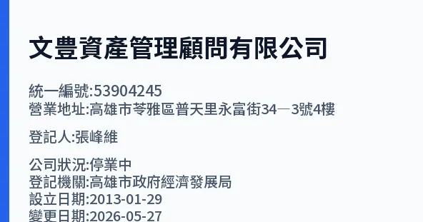 文豊資產管理顧問有限公司的照片-統編 53904245(高雄市) 公司登記資料與營業項目詳細圖表