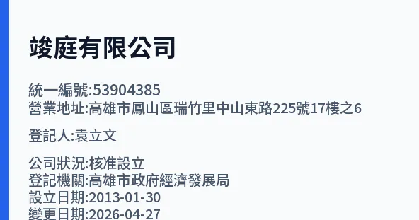 竣庭有限公司的照片-統編 53904385(高雄市) 公司登記資料與營業項目詳細圖表