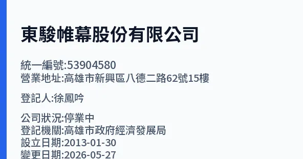 東駿帷幕股份有限公司的照片-統編 53904580(高雄市) 公司登記資料與營業項目詳細圖表