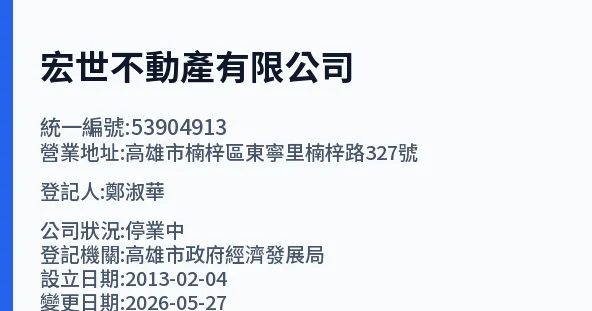 宏世不動產有限公司的照片-統編 53904913(高雄市) 公司登記資料與營業項目詳細圖表