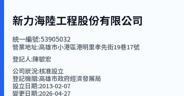 新力海陸工程股份有限公司的照片-統編 53905032(高雄市) 公司登記資料與營業項目詳細圖表