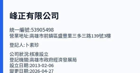 峰正有限公司的照片-統編 53905498(高雄市) 公司登記資料與營業項目詳細圖表