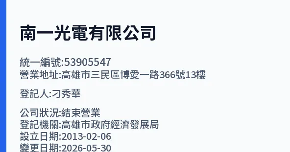 南一光電有限公司的照片-統編 53905547(高雄市) 公司登記資料與營業項目詳細圖表