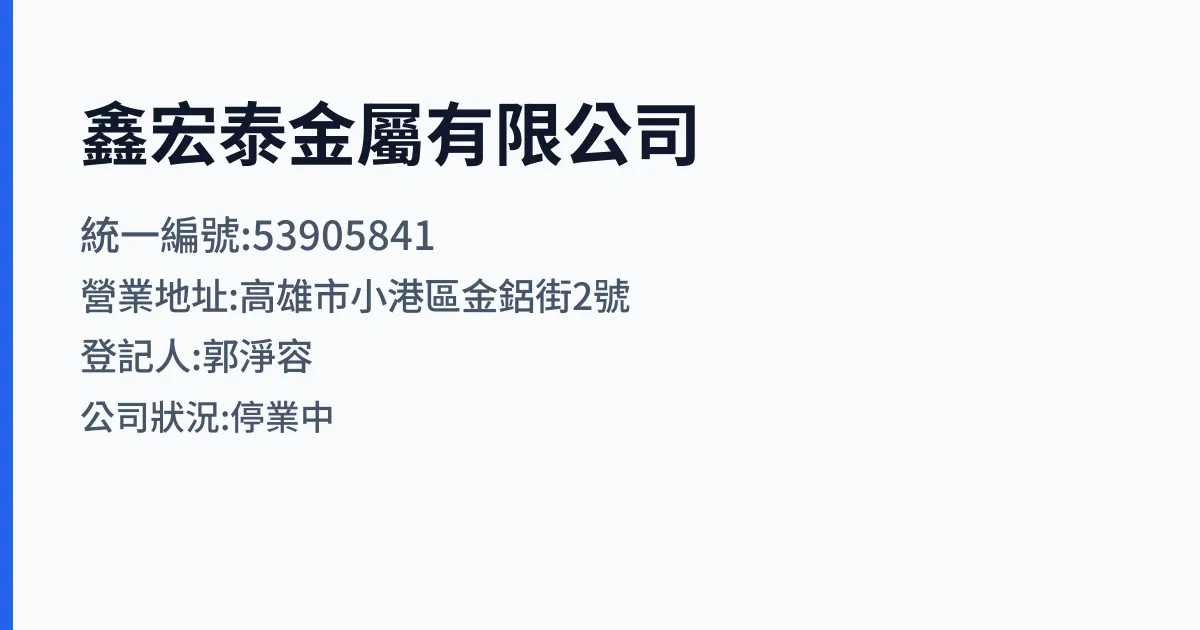 鑫宏泰金屬有限公司 - 統編 53905841(高雄市) 公司登記資料與營業項目詳細圖表
