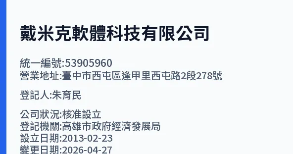 戴米克軟體科技有限公司的照片-統編 53905960(臺中市) 公司登記資料與營業項目詳細圖表