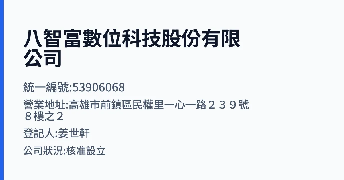 八智富數位科技股份有限公司 - 統編 53906068(高雄市) 公司登記資料與營業項目詳細圖表