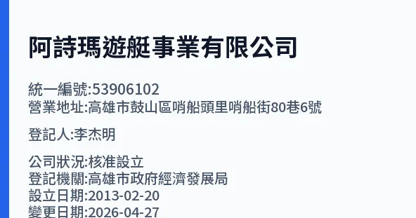 阿詩瑪遊艇事業有限公司的照片-統編 53906102(高雄市) 公司登記資料與營業項目詳細圖表