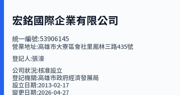 宏銘國際企業有限公司的照片-統編 53906145(高雄市) 公司登記資料與營業項目詳細圖表