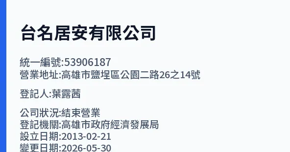 台名居安有限公司的照片-統編 53906187(高雄市) 公司登記資料與營業項目詳細圖表