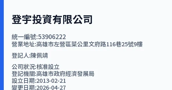 登宇投資有限公司的照片-統編 53906222(高雄市) 公司登記資料與營業項目詳細圖表