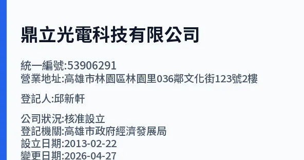 鼎立光電科技有限公司的照片-統編 53906291(高雄市) 公司登記資料與營業項目詳細圖表