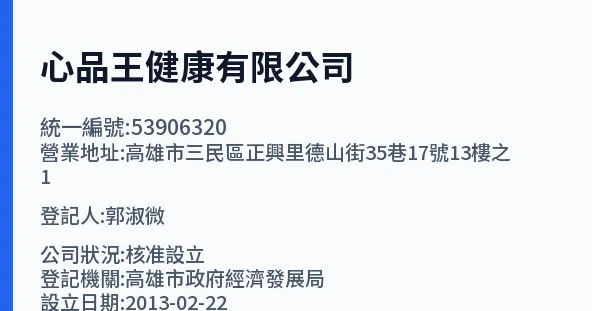 心品王健康有限公司的照片-統編 53906320(高雄市) 公司登記資料與營業項目詳細圖表