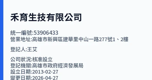 禾育生技有限公司的照片-統編 53906433(高雄市) 公司登記資料與營業項目詳細圖表
