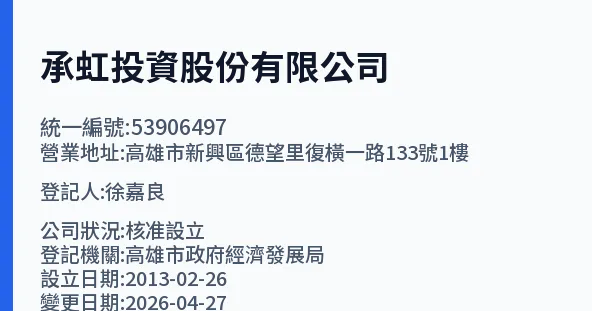 承虹投資股份有限公司的照片-統編 53906497(高雄市) 公司登記資料與營業項目詳細圖表