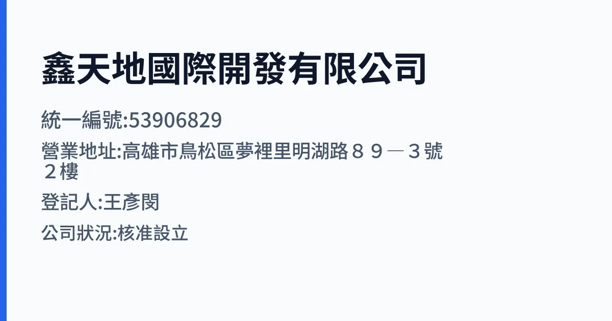 鑫天地國際開發有限公司 - 統編 53906829(高雄市) 公司登記資料與營業項目詳細圖表