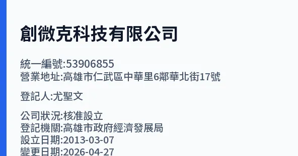 創微克科技有限公司的照片-統編 53906855(高雄市) 公司登記資料與營業項目詳細圖表