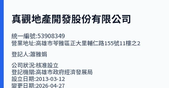 真觀地產開發股份有限公司的照片-統編 53908349(高雄市) 公司登記資料與營業項目詳細圖表
