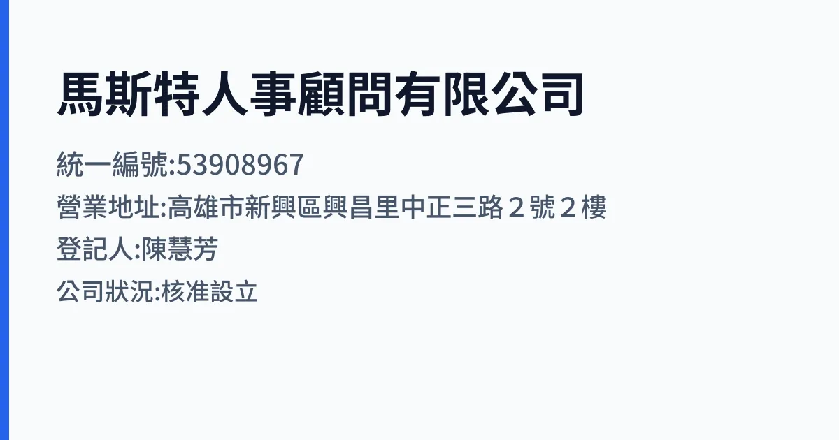 馬斯特人事顧問有限公司 - 統編 53908967(高雄市) 公司登記資料與營業項目詳細圖表