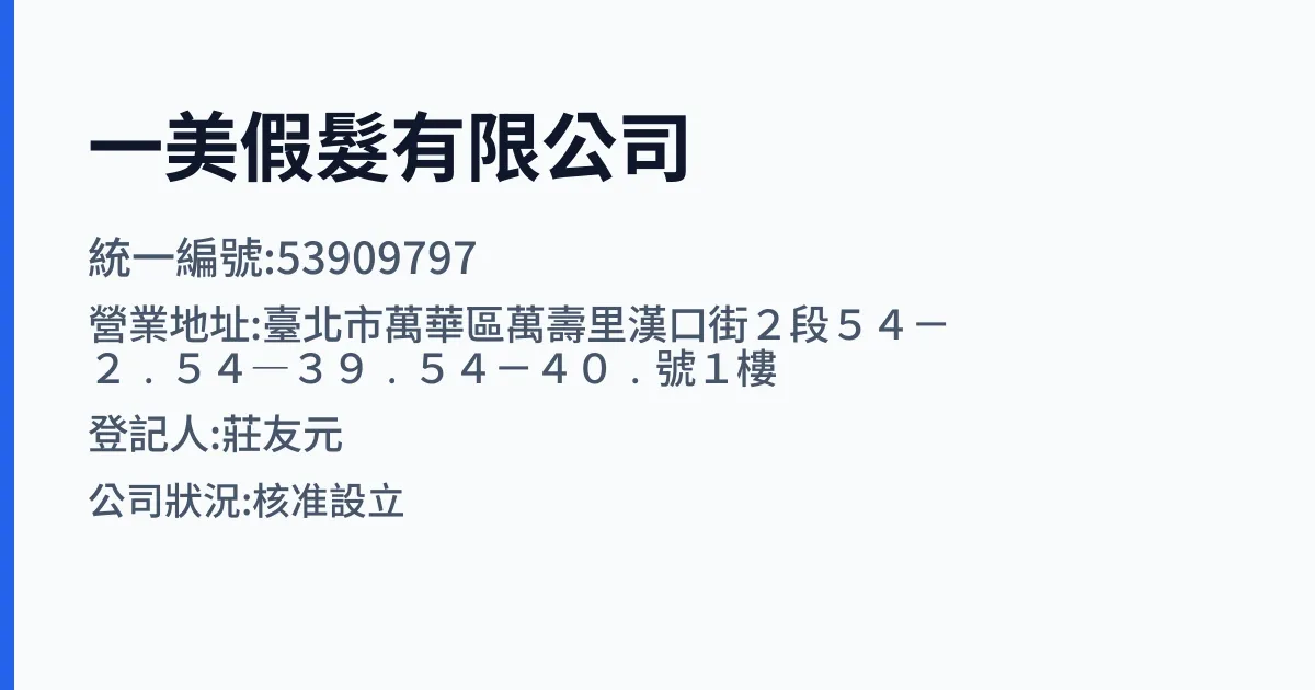 一美假髮有限公司 - 統編 53909797(臺北市) 公司登記資料與營業項目詳細圖表