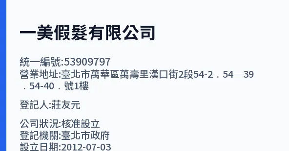 一美假髮有限公司的照片-統編 53909797(臺北市) 公司登記資料與營業項目詳細圖表