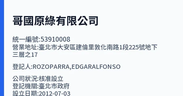 哥國原綠有限公司的照片-統編 53910008(臺北市) 公司登記資料與營業項目詳細圖表